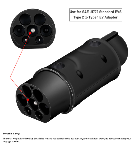 Type 1 to Type 2 Charging Adapter for Electric Vehicles
